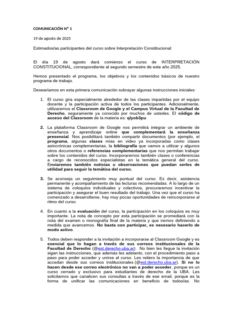 COMUNICACI_N N_ 1. Interpretacion Constitucional. Regimen general del Curso. 19 de agosto 2025 ...