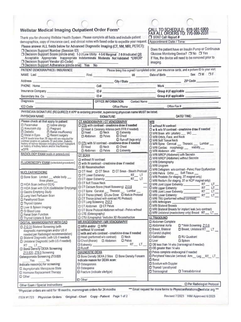 Wellstar Medical Imaging Outpatient Order Form | PDF