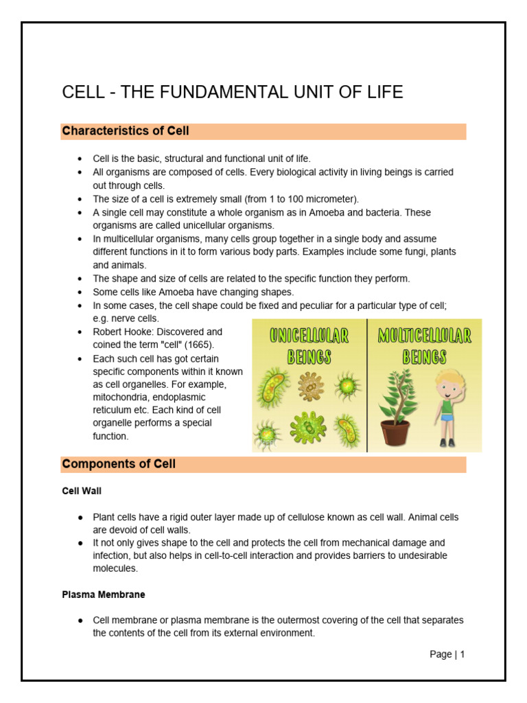 Characteristics and Components of Cells | PDF | Cell (Biology ...
