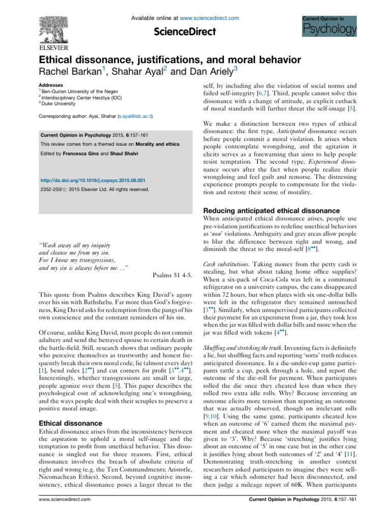 Ethical Dissonance and Moral Behavior | PDF | Altruism | Guilt (Emotion)
