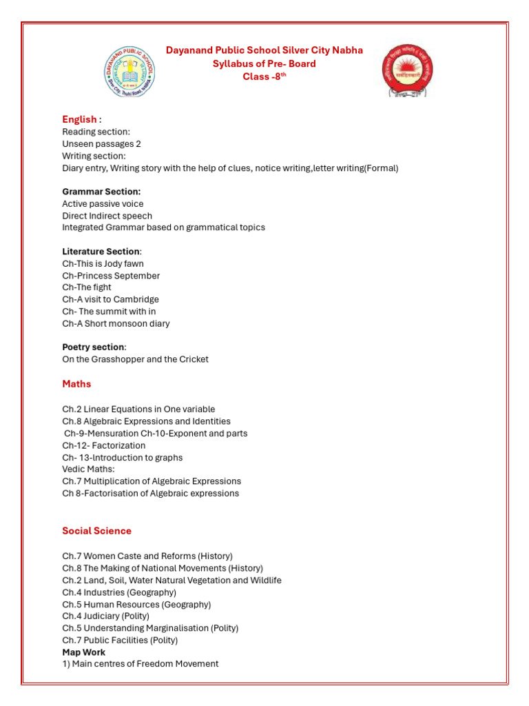 Preboard Syllabus Class 8th | PDF
