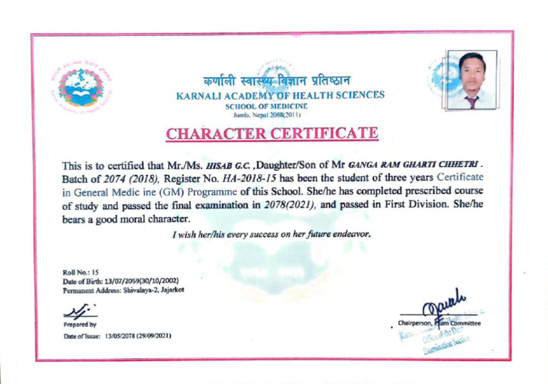 Character Certificate | PDF