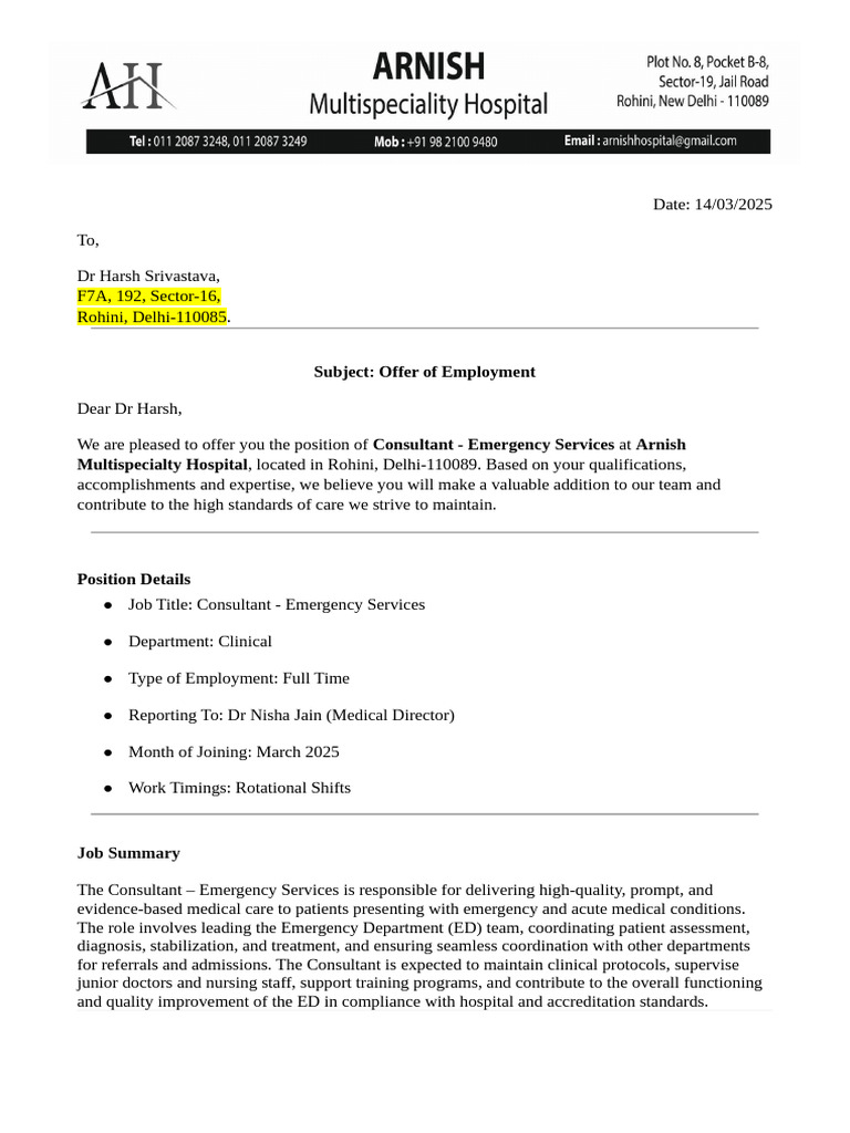 Employment Offer for Consultant Role | PDF | Hospital | Emergency ...