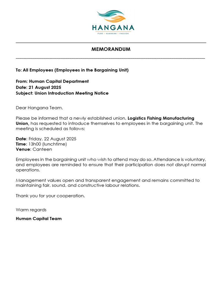 F-SP8-0005 - HS Internal Memo - Union Notice | PDF