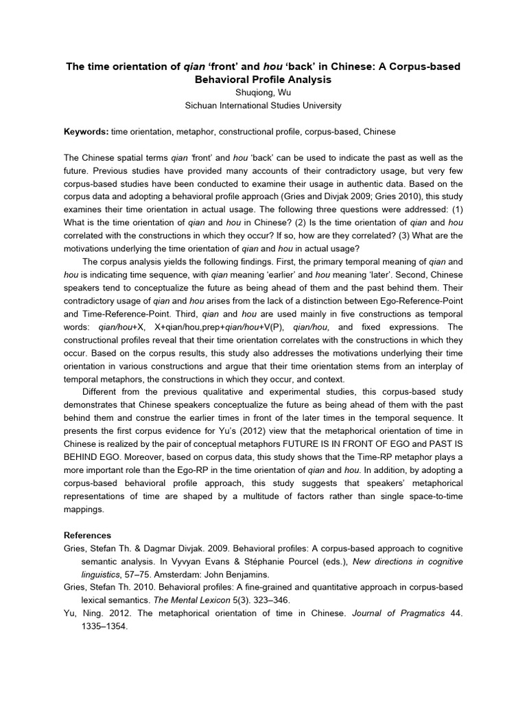 The Time Orientation of Qian Front' and Hou Back' in Chinese - Shuqiong ...