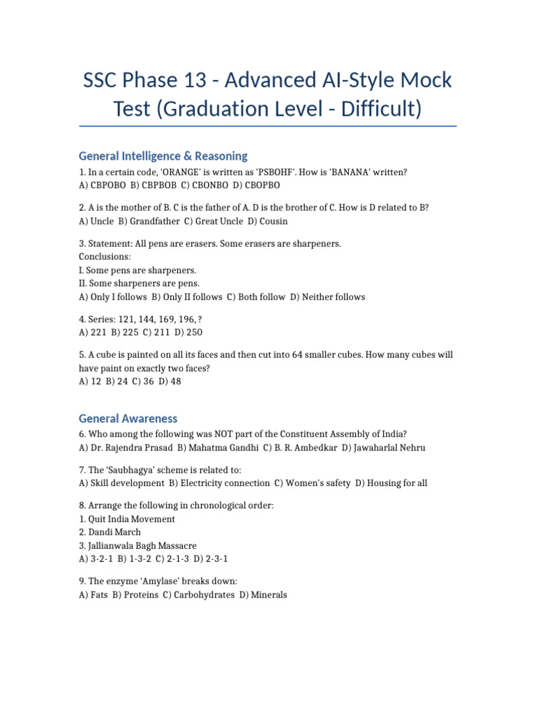 SSC Phase 13 Mock Test PDF | PDF