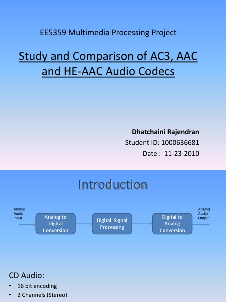 Study and Comparison of AC3, AAC and HE-AAC Audio Codecs: EE5359 ...