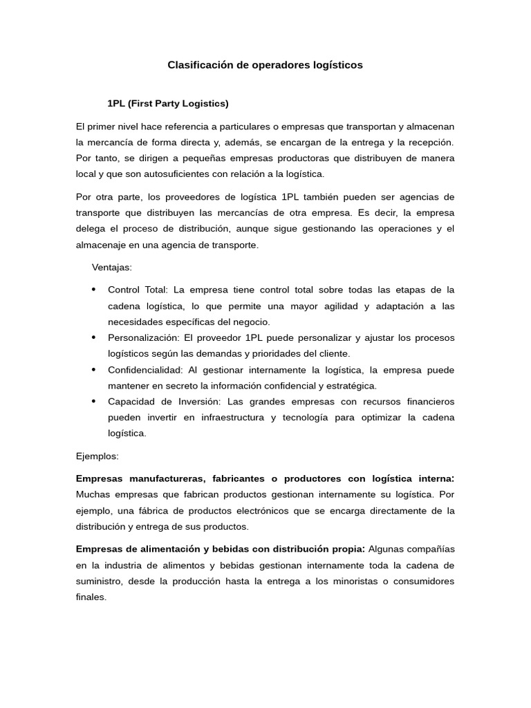 Clasificación de Operadores Logísticos 1PL 2PL 3PL 4PL 5PL | PDF | Logística | Business