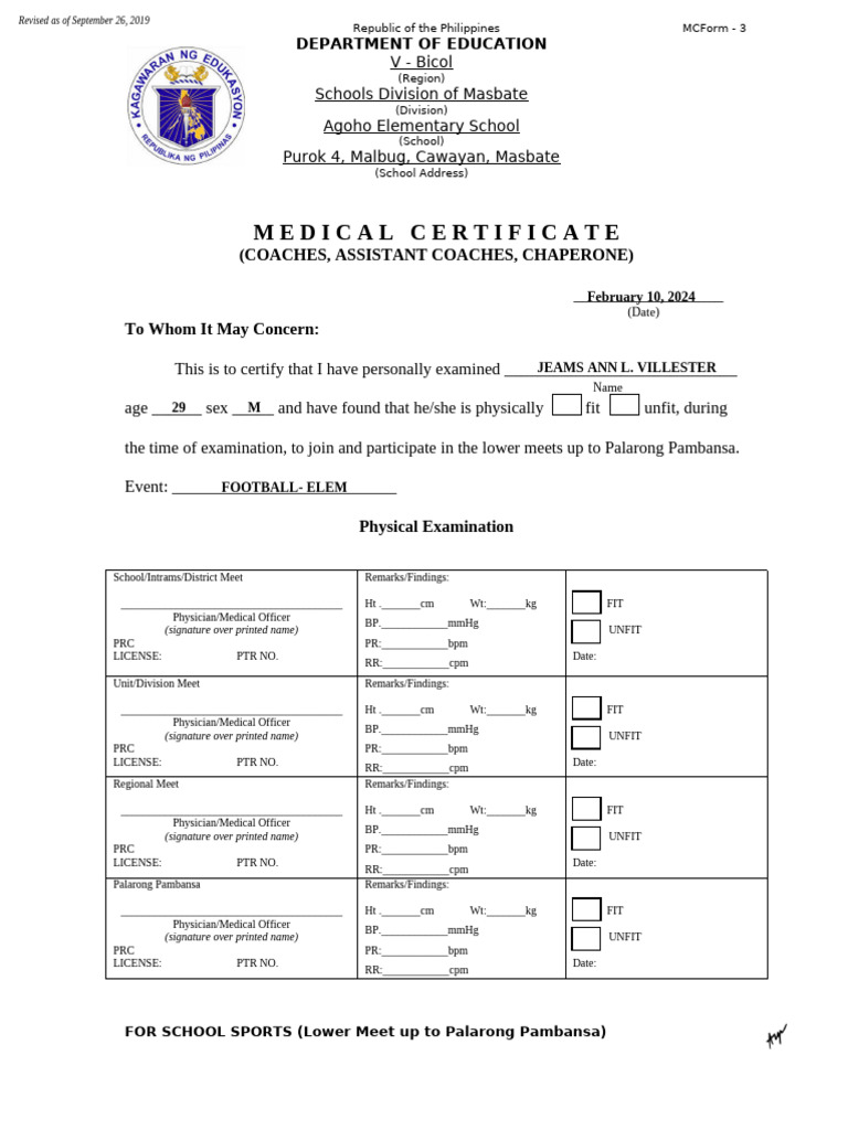 Medical Certificate (Coach, Asst. Coach, Chaperone) - MC Form 3 | PDF ...