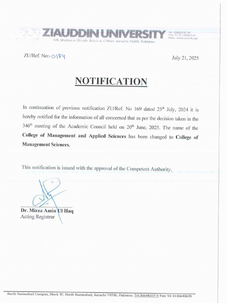 Notification, Change of Name of College of Management and Applied ...