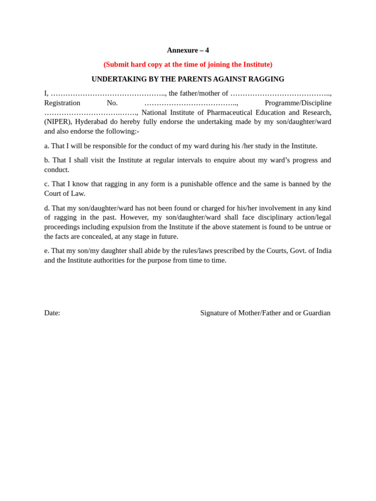 Anti Ragging by Parents - (Annexure-4) | PDF