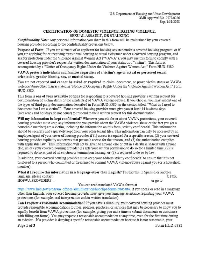 VAWA Victim Certification Form HUD-5382 | PDF | Domestic Violence ...