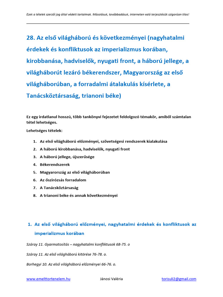 28. Az Elso Vilaghaboru Es Kovetkezmenyei | PDF
