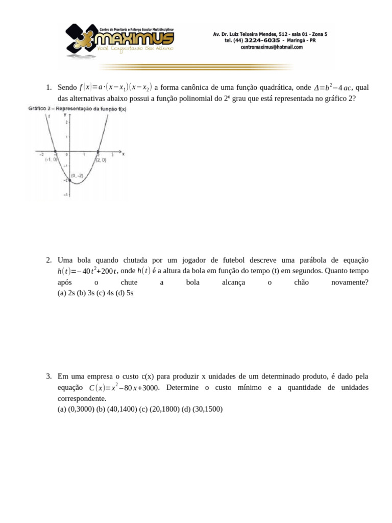 Função Quadrática e Forma Canônica | PDF