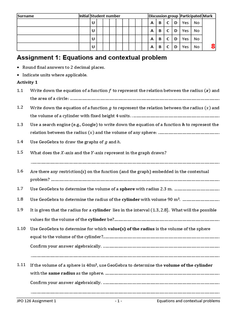 2025 Ass 1 Equations and Contextual Problems | PDF | Sphere | Function ...