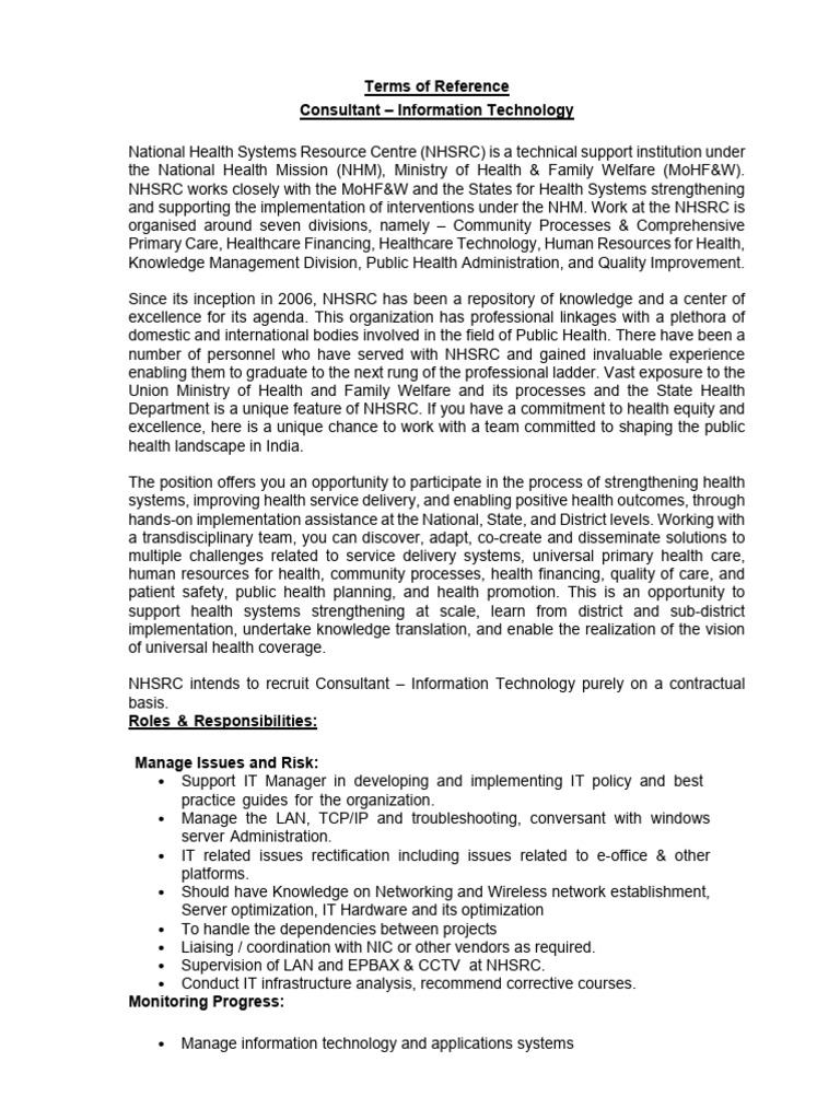 Terms of Reference - Consultant - Information Technology, NHSRC | PDF | Cloud Computing | Computing