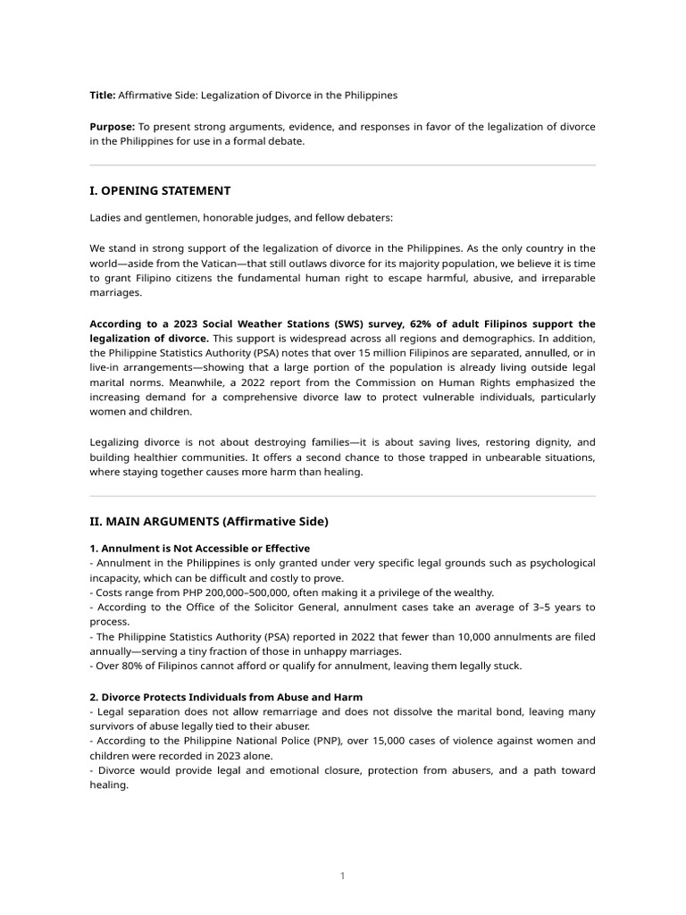 Divorce Debate Affirmative | PDF | Divorce | Annulment