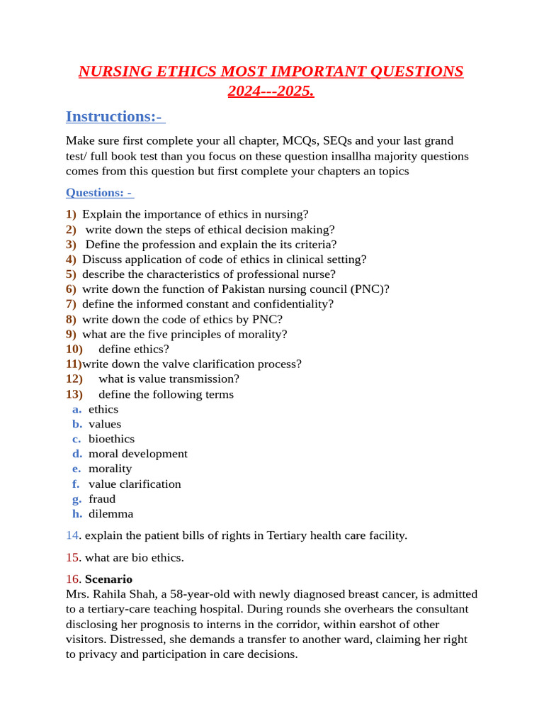Key Nursing Ethics Questions Guide | PDF | Bioethics | Nursing