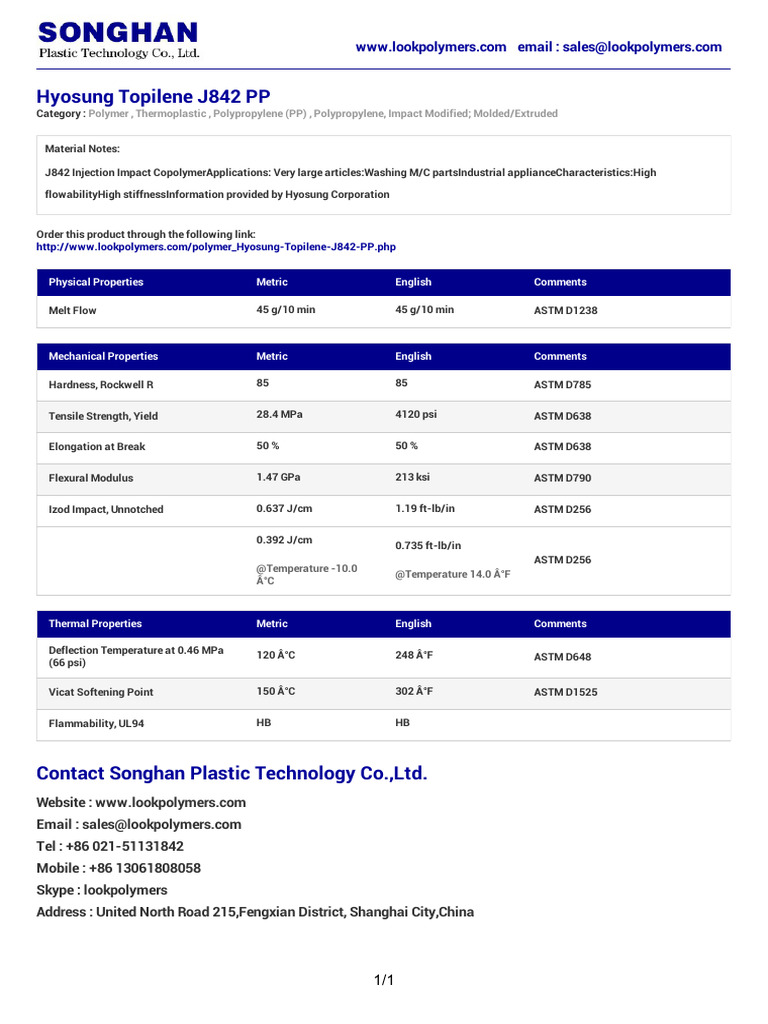 Hyosung Topilene J842 PP Overview | PDF | Polymer Chemistry | Chemical ...