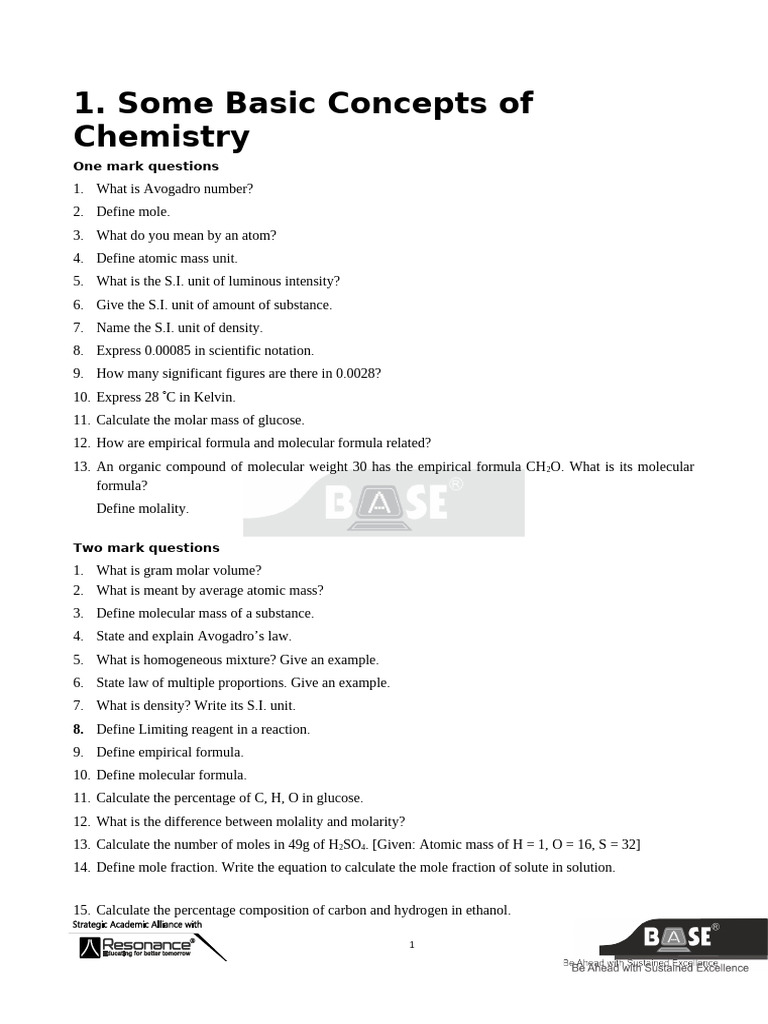 Basic Chemistry Concepts and Questions | PDF | Mole (Unit) | Chemistry