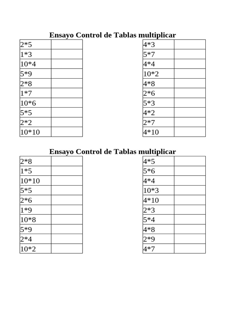 Control de Tablas de Multiplicar 1-5 | PDF