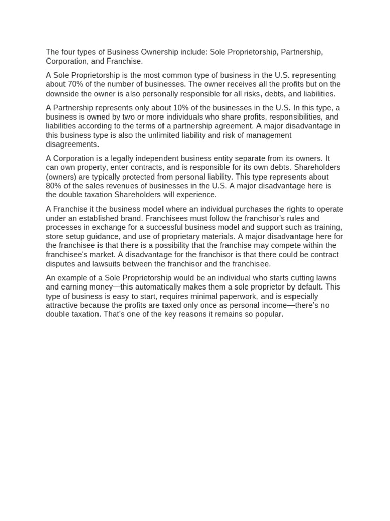 Four Types of Business Ownership Explained | PDF