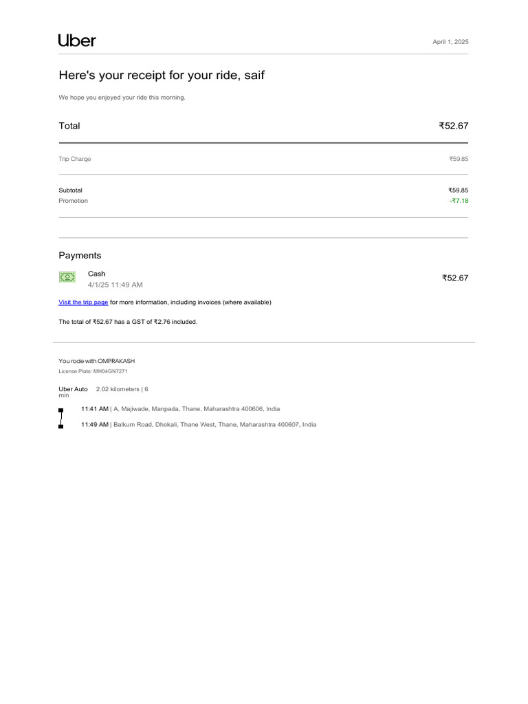Uber - Office To Hotel 01.04.25 | PDF