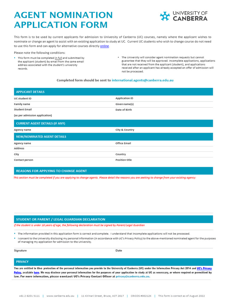 UC Agent Nomination Application Form | PDF | Privacy | Government