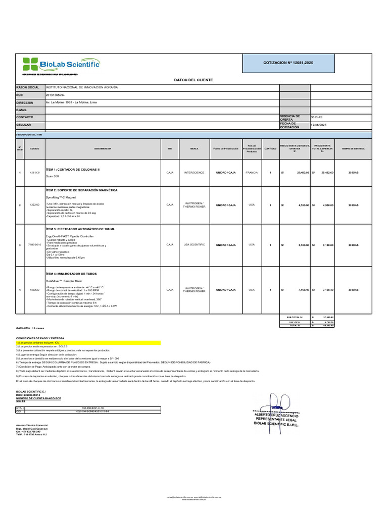 Cotizacion Inia 12081-Biolabscientific | PDF