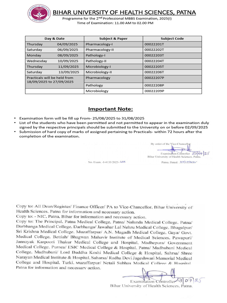 BUHS MBBS Exam Schedule 2025 | PDF