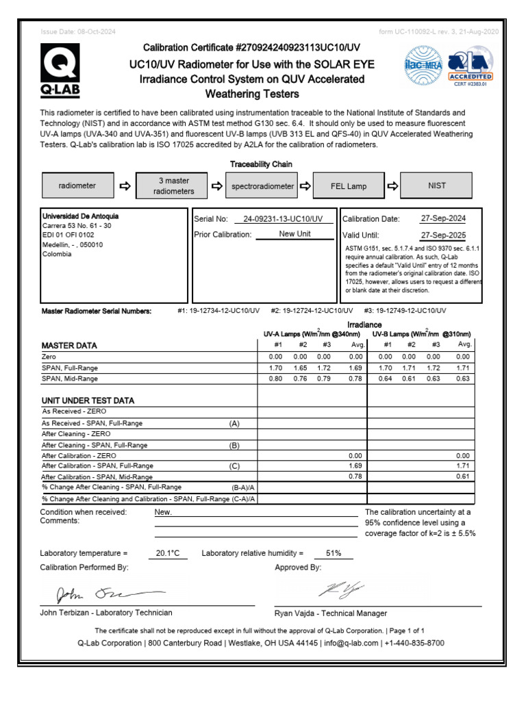 49741e Calibration Certificate | PDF | Ultraviolet | Calibration
