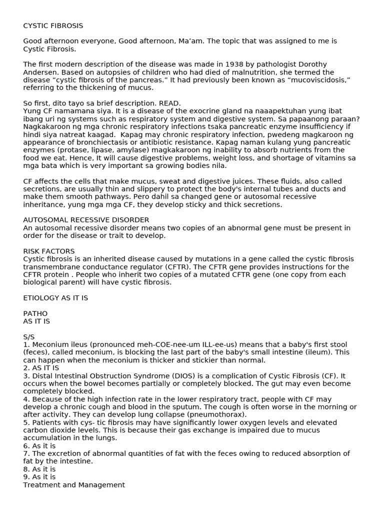 Cystic Fibrosis Explanation | PDF | Medical Specialties | Diseases And ...