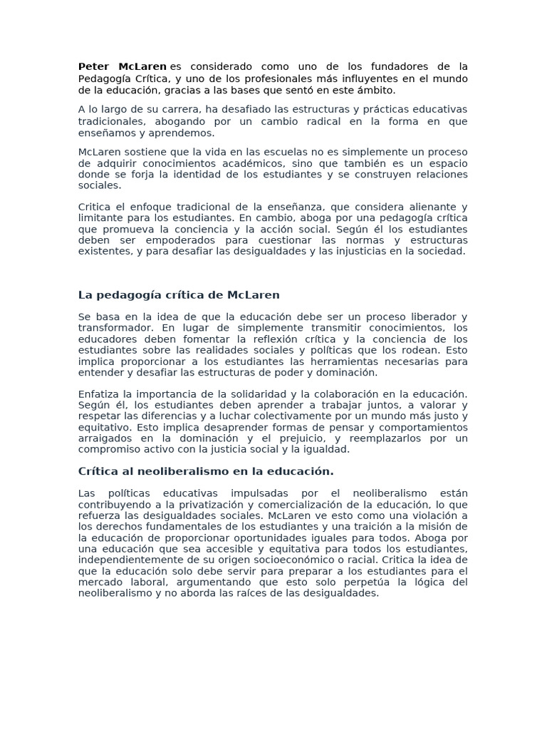 Pedagogia Critica. Peter MC Laren. | PDF | Educación en artes liberales