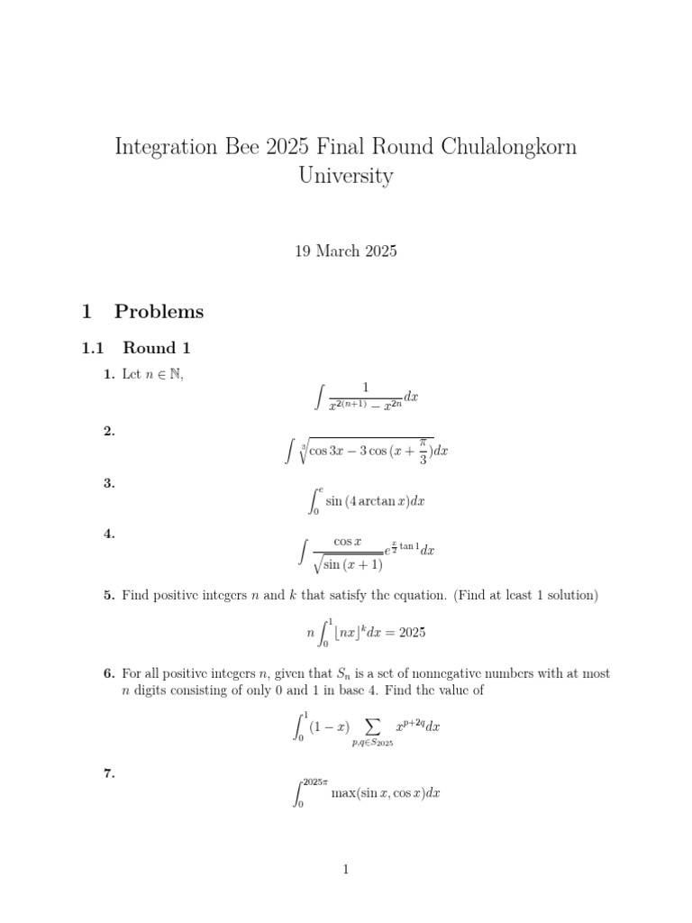 Integration Bee 2025 Problems and Solutions | PDF | Square Root ...