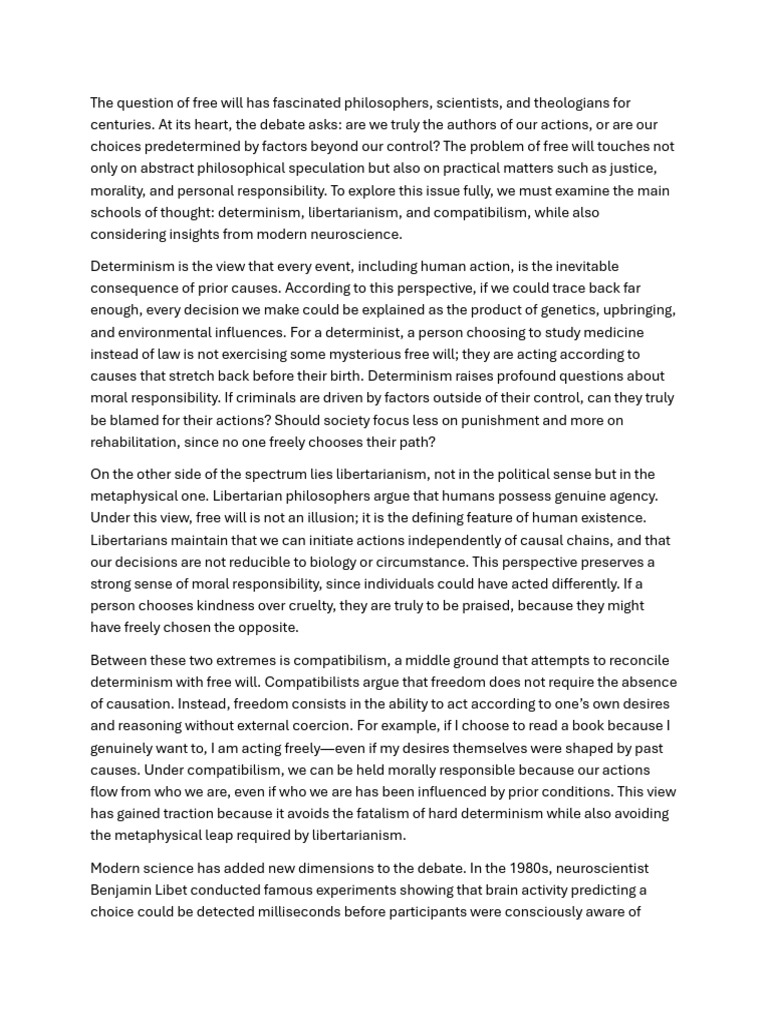 Exploring Free Will: Determinism vs. Libertarianism | PDF | Free Will ...