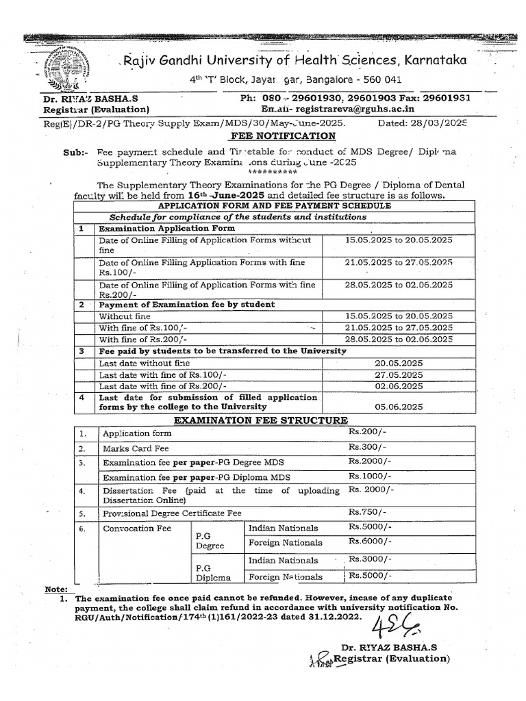 Notification Fee Payment Schedule and Time Table For Conduct of MDS ...