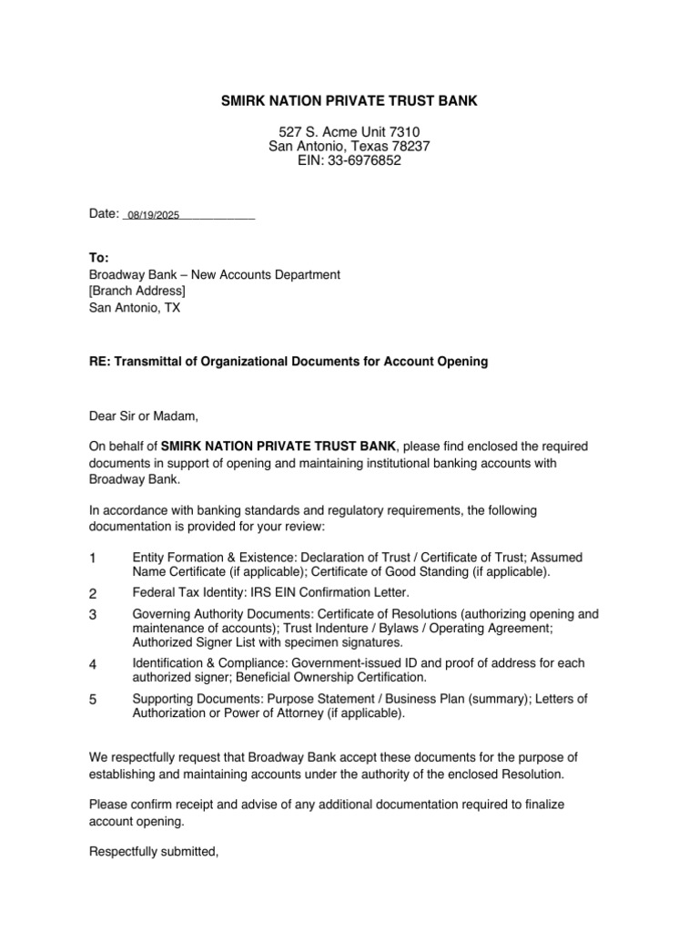 Transmittal Letter Broadway Bank | PDF