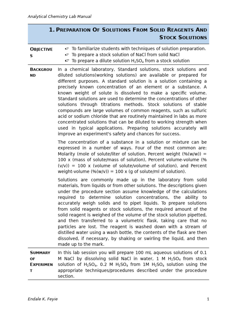 Experiment 1 Preparation of Solutions From Solid Reagents and Stock ...