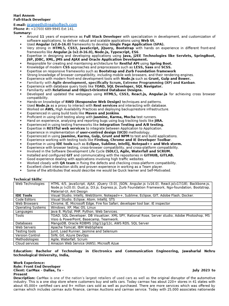 Resume of Hari Annem | PDF | J Query | Java Script