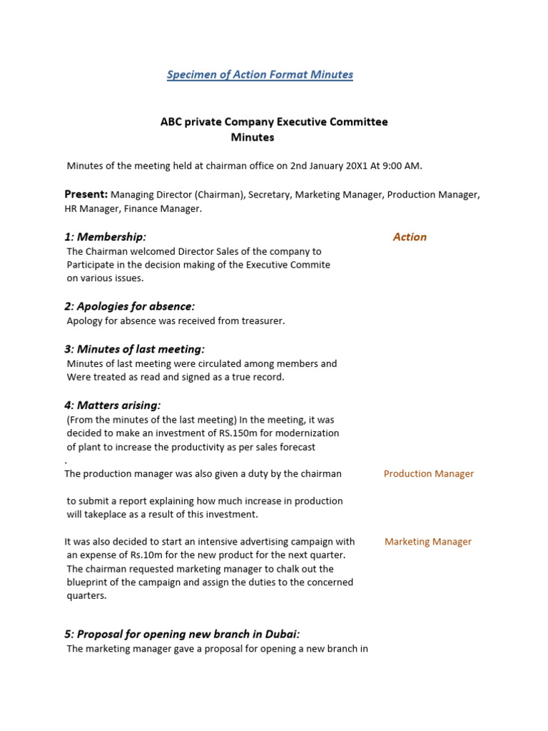 Specimen of Action Format Minutes | PDF | Government