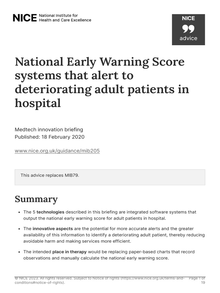 National Early Warning Score Systems That Alert To Deteriorating Adult Patients in Hospital PDF ...