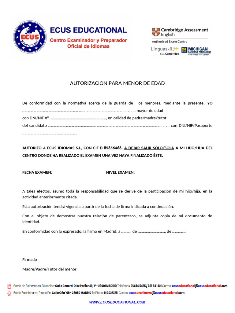 Autorizacion para Menor de Edad | PDF