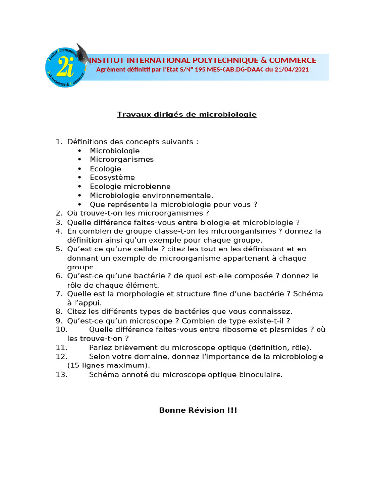 Travaux Dirigés en Microbiologie | PDF