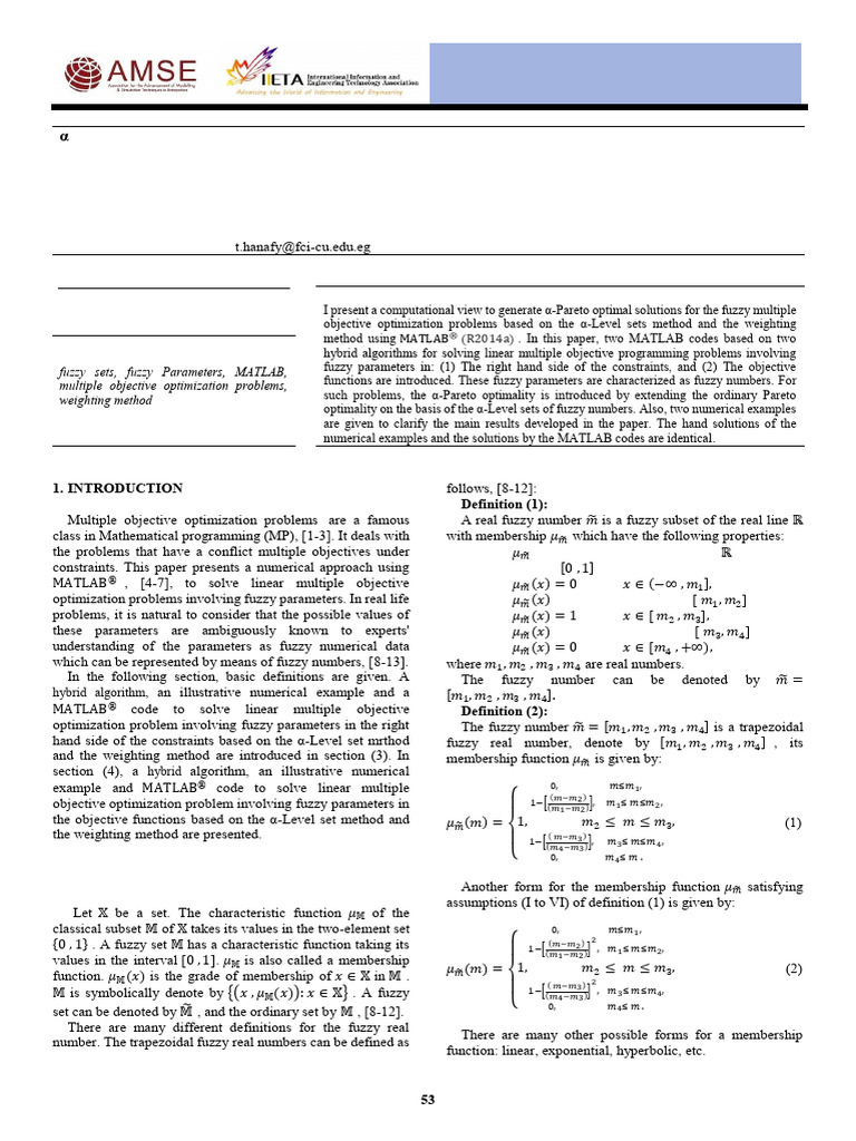 α-Pareto optimal solutions for fuzzy multiple objective optimization problems using MATLAB | PDF ...