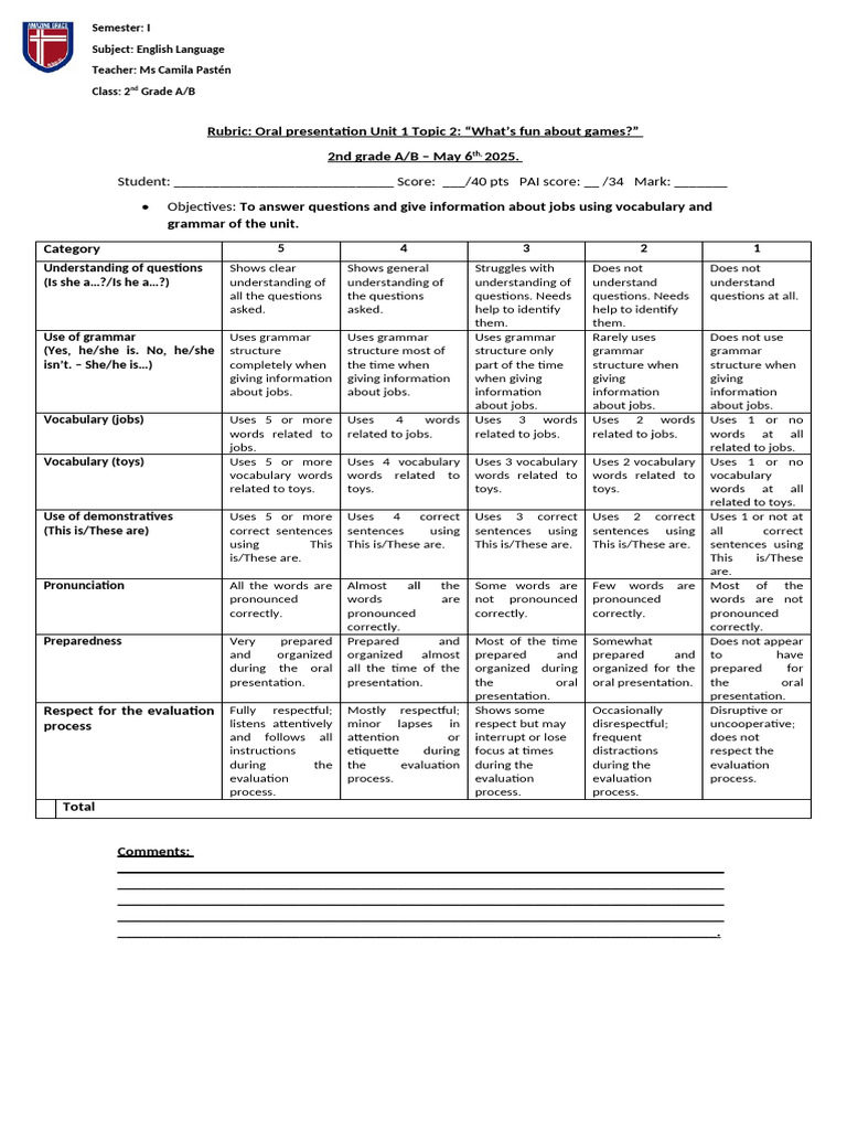 2nd Grade Oral Presentation Rubric | PDF | Vocabulary | Languages