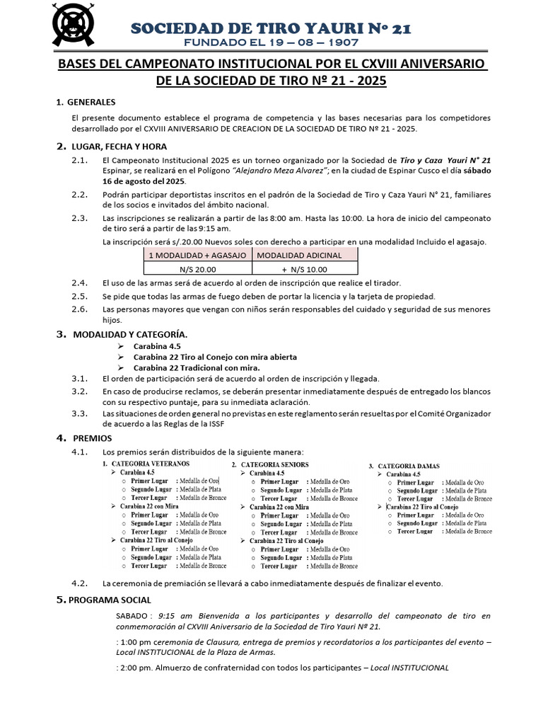 Campeonato Tiro Yauri 2025: Bases y Premios | PDF | Proyectiles | Tiro ...