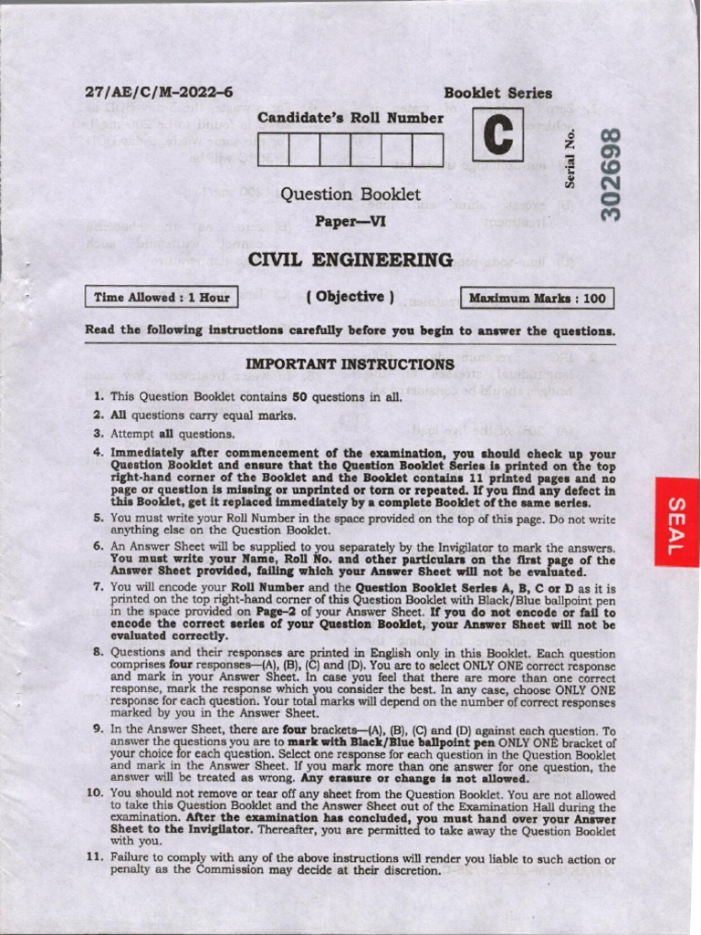 Paper Vi Civil Engineering Objective Ae Civil Mains | PDF