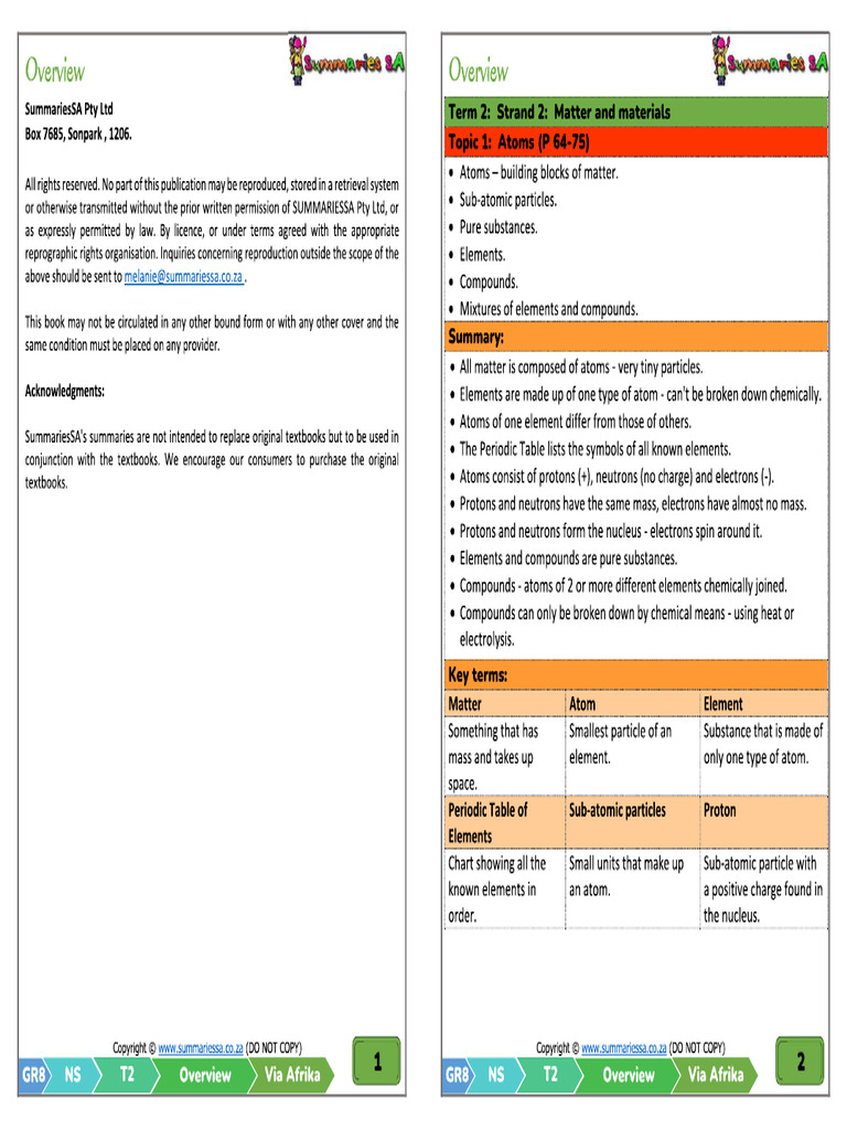 A Grade 8 Natural Sciences (NS) Summaries (Via Afrika) T2 | PDF ...