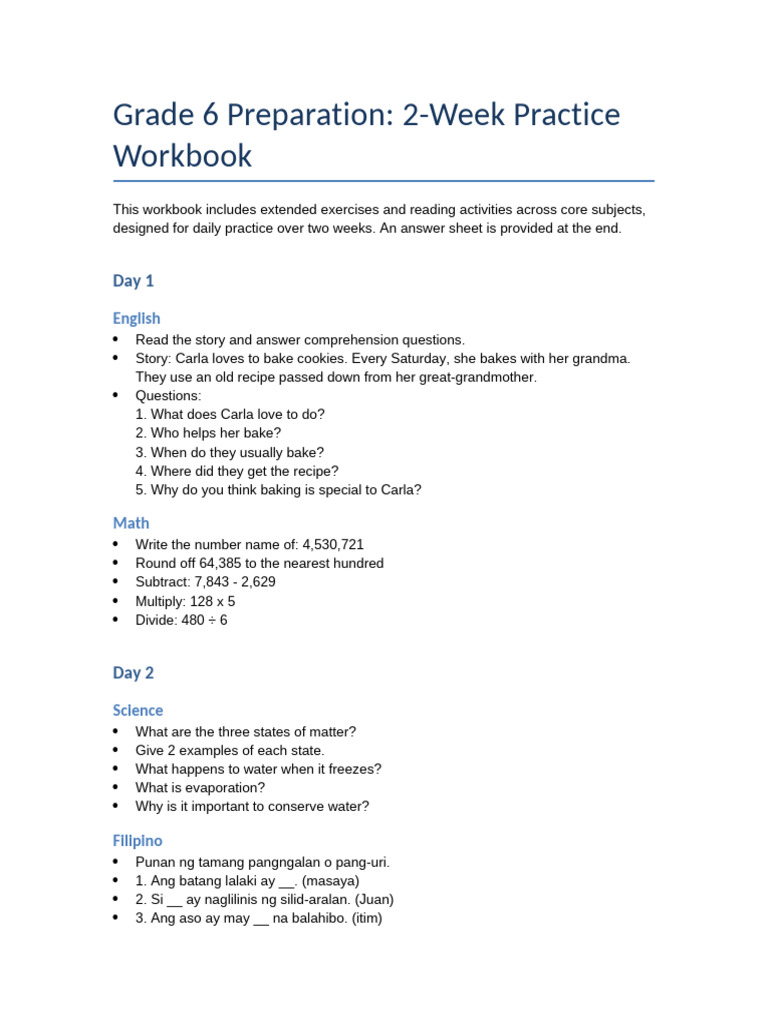 Grade 6 Two Week Practice Workbook With Answers | PDF