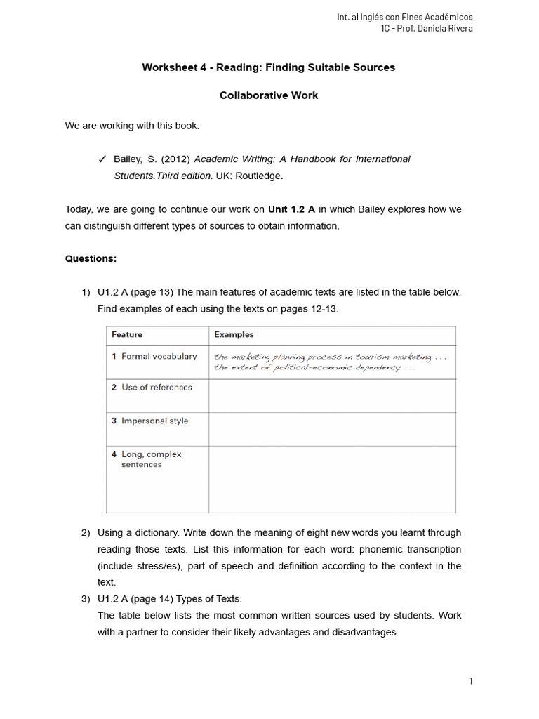 Worksheet 4 - Reading - Finding Suitable Sources | PDF | Citation | Apa ...